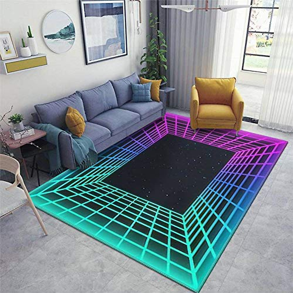 Vaporwave Retro Futuristic Background Abstract Laser Grid Tunnel in Area Rugs Floor Mat Non Slip Throw Rugs Soft Door Mat Nursery Carpet for Living Room Home Indoor Outdoor Runner Rugs Yoga Mat