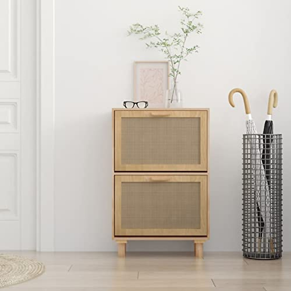 Tidyard Shoe Rack with Pull-Down Storage Drawers, Engineered Wood and Natural Rattan Shoe Cabinet for Bedroom Entryway Hallway Home Furniture