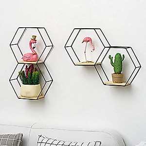 U-M Hexagon Floating Wood Book Shelves, Iron Storage Holder Wall-Mounted Multifunctional Nordic Style Geometric Firm Hexagonal Shelf for Home Bedroom Bathroom Black S1 Nice Design