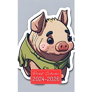 Pocket Calendar 2024-2026: Two-Year Monthly Planner for Purse , 36 Months from January 2024 to December 2026 | Cartoon cute pig | Vermeer style