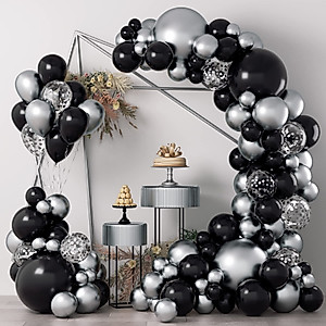 COKAOBE Black and Silver Balloons Garland Kit, 124pcs Black Metallic Silver Confetti Balloon Arch Kit for Wedding Engagements Birthday Graduation Baby Shower Celebrations Anniversary Party Decorations