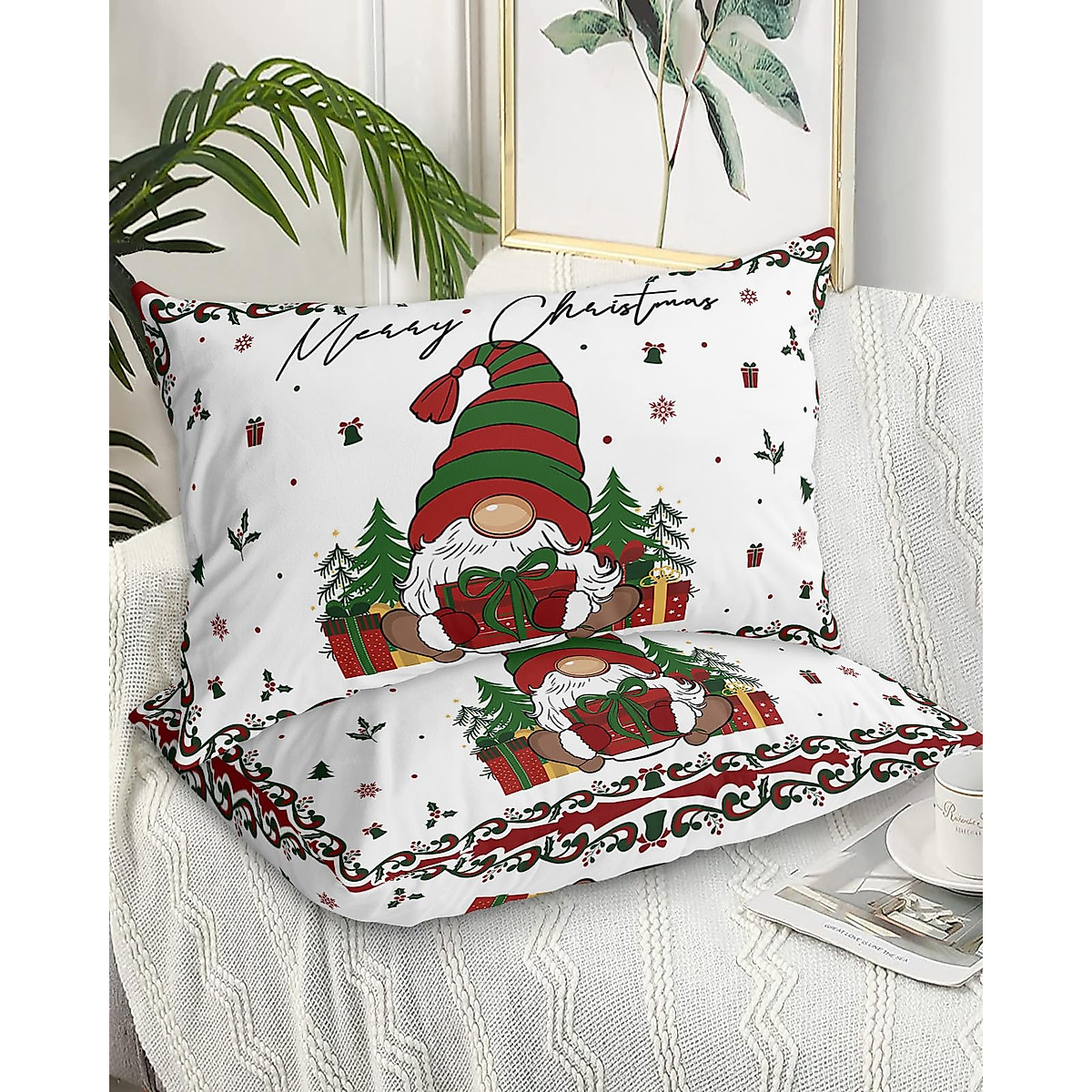 Edwiinsa Gnomes Red Pillow Covers Standard Size Set of 2 Bed Pillow, Plush Soft Comfort for Hair/Skin Cooling Pillowcases with Envelop Closure 20x26 Inches Christmas Green Tree Gift Snowflake White