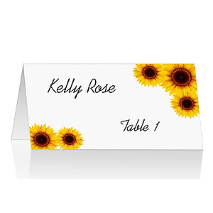 RokAPary Sunflower Tented Table Place Cards, for Wedding, Bridal Shower, Bachelorette or Engagement Party, Dinner Parties, Banquets, Easy Folding, 2"x3.5" Pack of 50 Cards, Made in USA