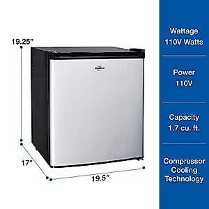 Koolatron Stainless Steel Compact Fridge with Freezer, 1.6 Cubic Feet (44 L) Capacity, Silver and Black, for Snacks, Frozen Meals, Beverages, Juice, Beer, Den, Dorm, Office, Games Room, or RV