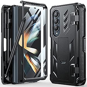 FNTCASE for Samsung Galaxy Z-Fold-4 Case: Military Grade Hinge Protection S-Pen Holder & Kickstand Rugged Shockproof 360 Full Protective Phone Cover for ZFold 4 2022 (Black)