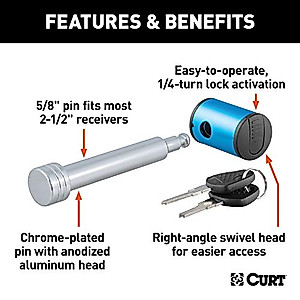 CURT 23504 Right-Angle Trailer Hitch Lock, 5/8-Inch Pin Diameter, Fits 2 or 2-1/2-Inch Receiver