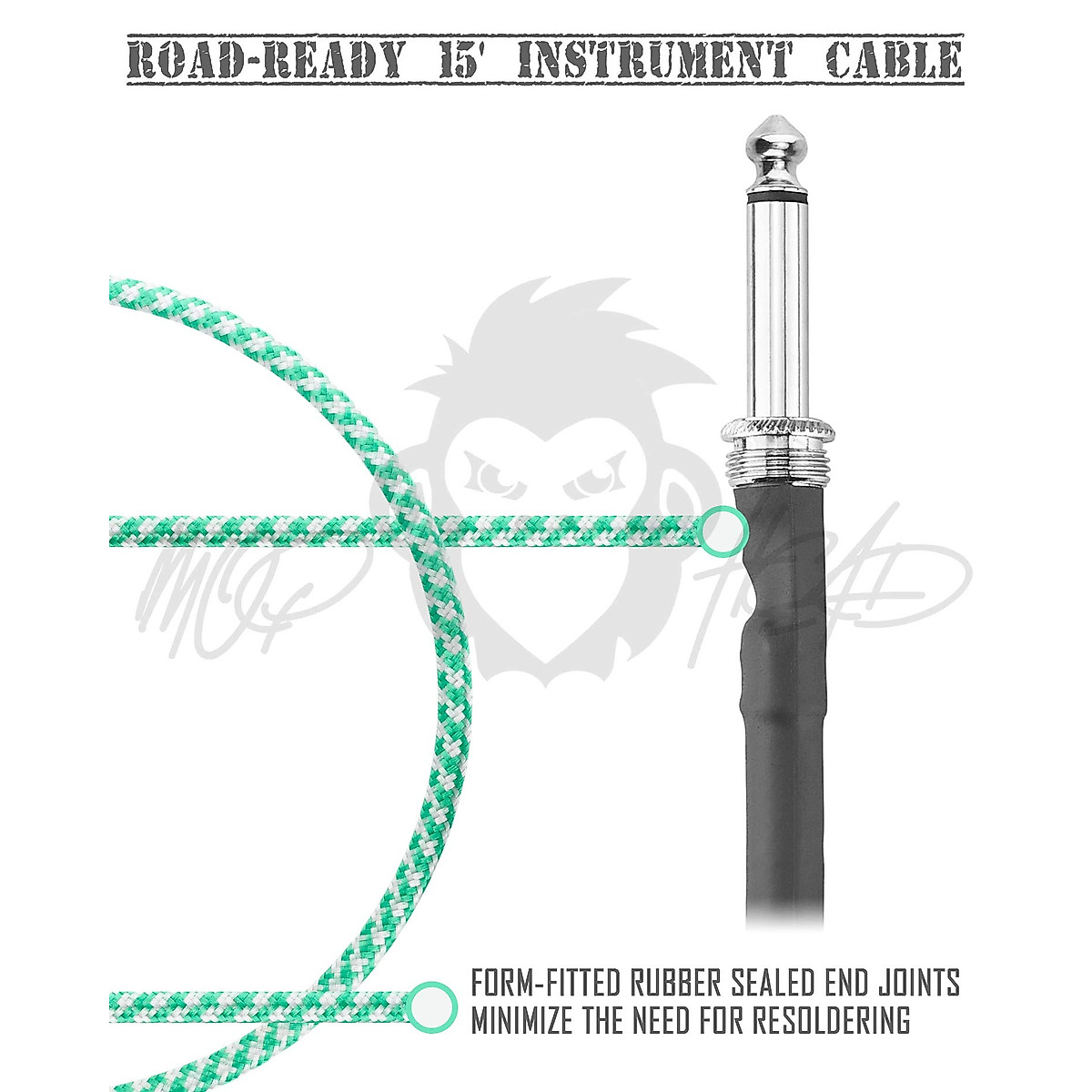 Mophead 15-Foot Guitar Instrument Cable - 1/4 Inch TS to 1/4 Inch TS Right Angle Pro Grade Double Insulated Tweed Braided for Electric Guitar, Bass, Amp, Keyboard (Green and White)
