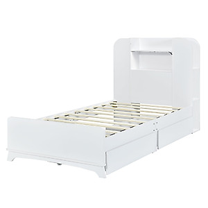 Jintop Twin Size Platform Bed Frame with 2 Drawers and Light Strip Design in Headboard,Bedroom Storage Wood Bed W/ 3 Bedside Open Shelves,Slat Support,for Girl Boy Kid,White