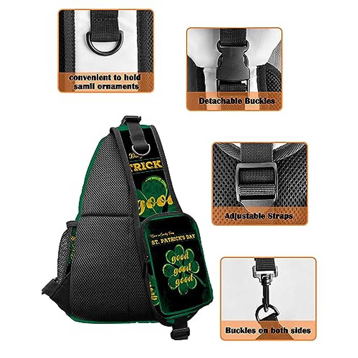 Sling Backpack, Saint Patrick's Day Shamrocks and Love Hearts Vintage Green Background Waterproof Lightweight Small Sling Bag, Travel Chest Bag Crossbody Shoulder Bag Hiking Daypack for Women Men
