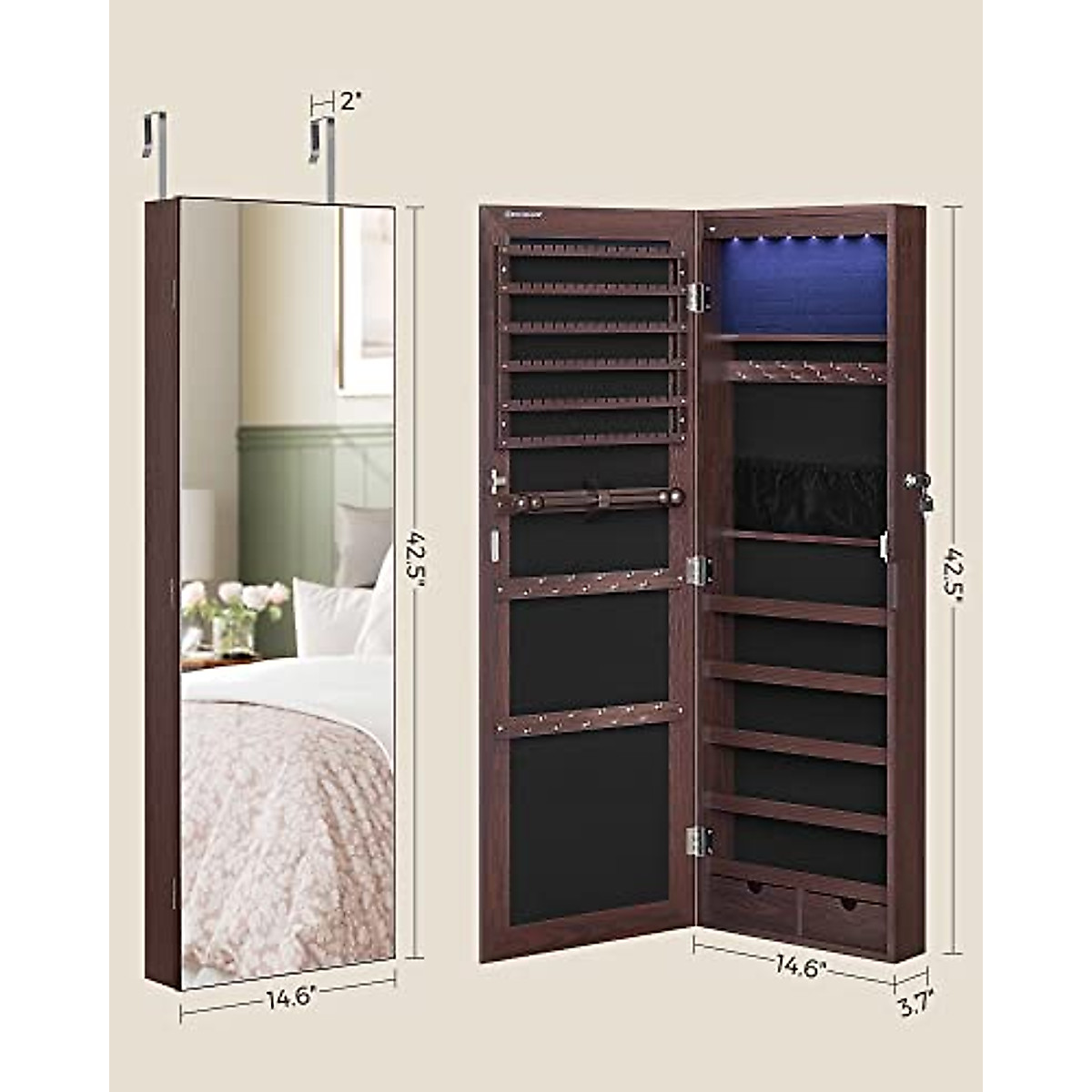 SONGMICS Hanging Jewelry Cabinet, Wall-Mounted Cabinet with LED Interior Lights, Door-Mounted Jewelry Organizer, Full-Length Mirror, Gift Idea, Brown UJJC99BR