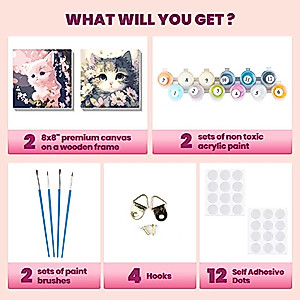 VINDIJA Framed Paint by Number for Adults Beginners - Cat Adult Paint by Number Kits on Canvas, 2 Pack Animals Paint by Numbers, DIY Oil Painting Acrylic Paints for Home Wall Decor Gift, 8x8in