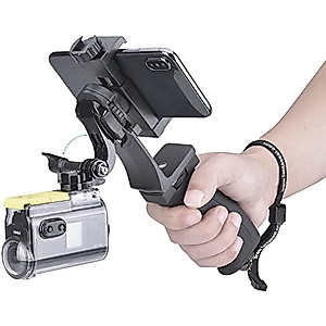 2in1 Ergonomic Portable Action Camera+Smartphone SYN Hand Grip Stabilizer Combo Mount Video Vlogging Rig Holder Kit for GoPro iPhone Interview Travel YouTube Tiktok Streaming-Mic+Light Adapter