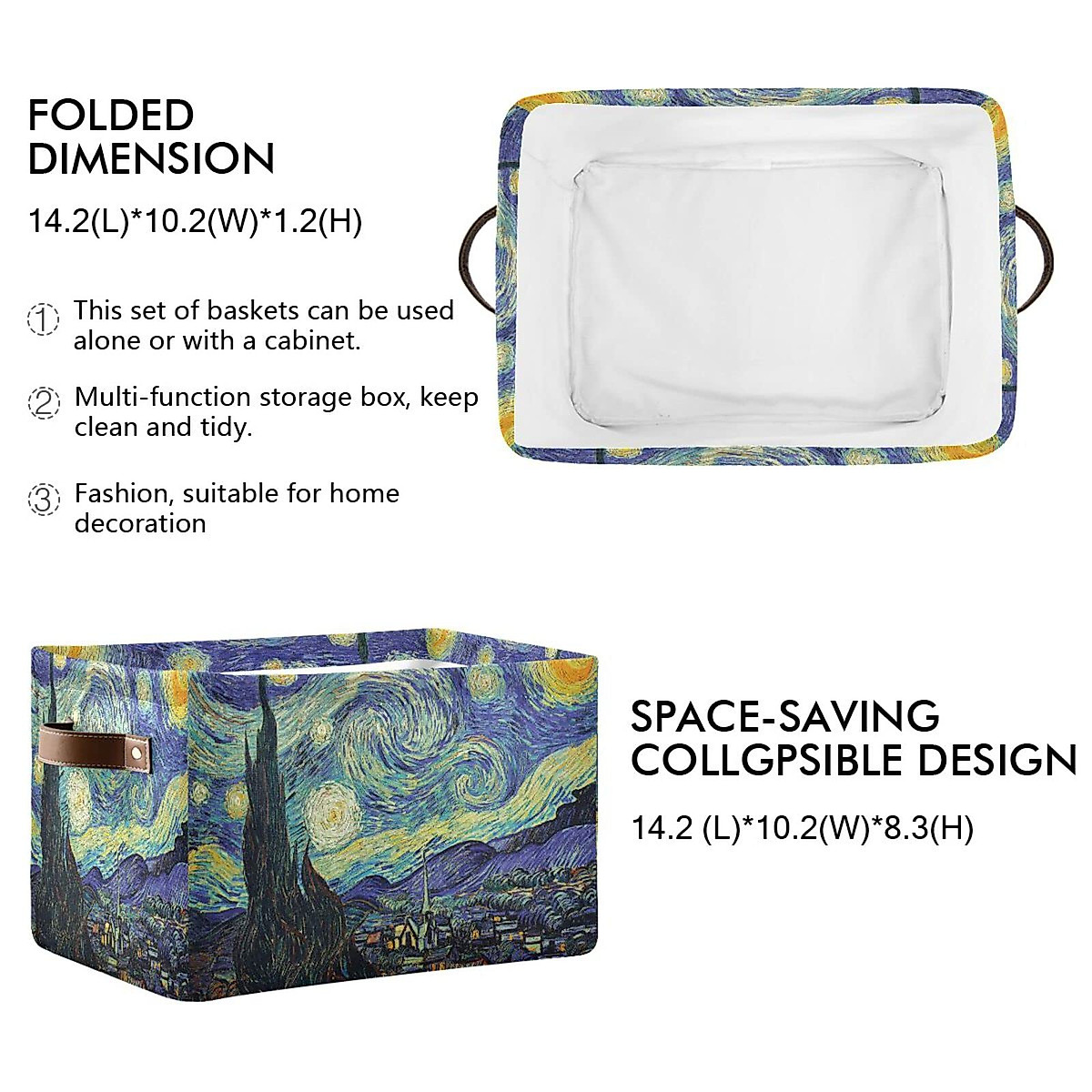 ALAZA Van Gogh Starry Night Large Storage Basket with Handles Foldable Decorative 1 Pack Storage Bin Box for Organizing Living Room Shelves Office Closet Clothes