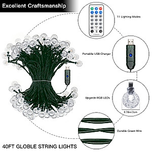 Ollimy Globe String Lights USB Powered, 40FT 80LED Waterproof Christmas Lights with Remote, Warm White+Multicolor Fairy Lights for Indoor Outdoor Christmas Home Party Patio Garden Wedding