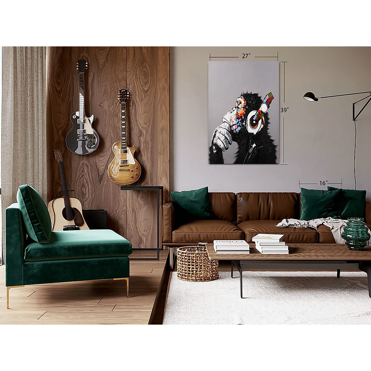 Modern Pop Art Decor - Framed - Thinking Monkey With Headphones Canvas Print Home Decor Wall Art, Gallery Wrap Inner Frame, 24x24