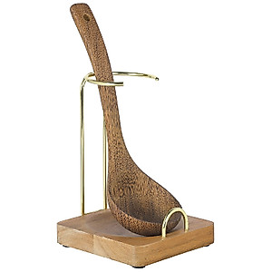 MyGift Modern Acacia Wood Upright Kitchen Spatula Utensil Holder Spoon Rest with Brass Tone Metal Wire, Countertop Vertical Standing Ladle Holder