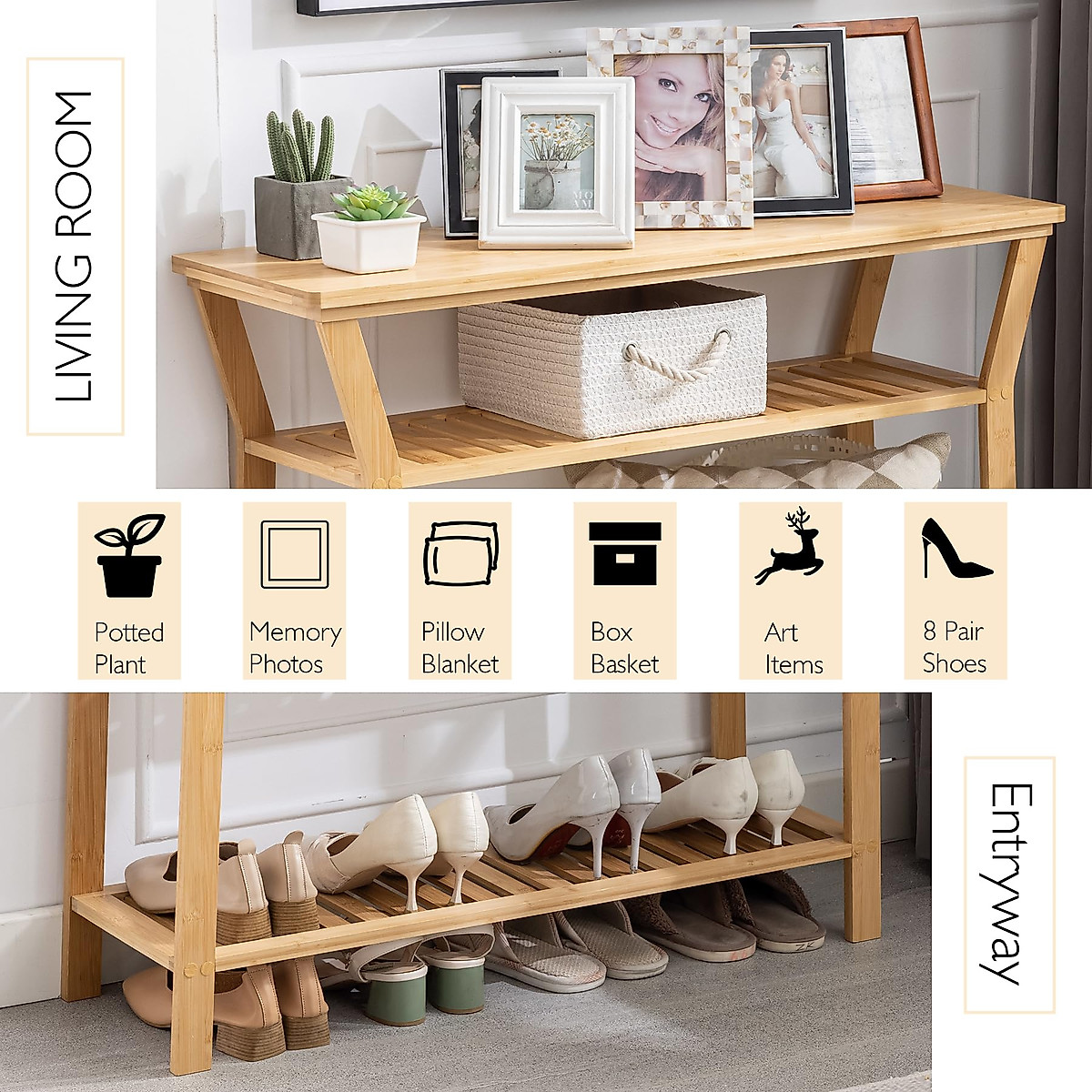 Nnewvante Bamboo Console Table Behind Couch, Entryway Table with Shelves, 3 Tier Narrow Sofa Table for Hallway, Living Room, Foyer 38.6"x11.8"