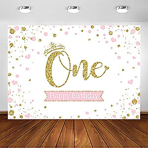 Avezano 1st Birthday Backdrop for Girl Pink and Gold Princess Birthday Party Photoshoot Crown Glitter Confetti Baby First One Happy Birthday Party Decorations Background (7x5ft, Pink and Gold)