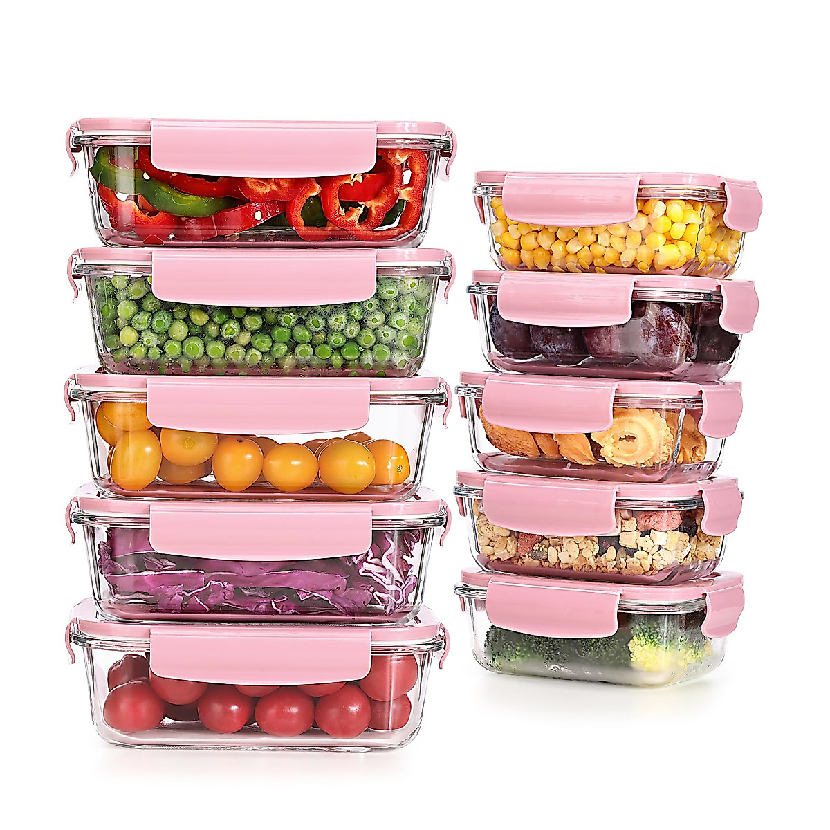 Ansukow Glass Food Storage Containers Set with Lids Meal Prep Containers Reusable for Dishwasher/Microwave/Oven/Freezer,10PCS(10 lids & 10 Containers)-PINK