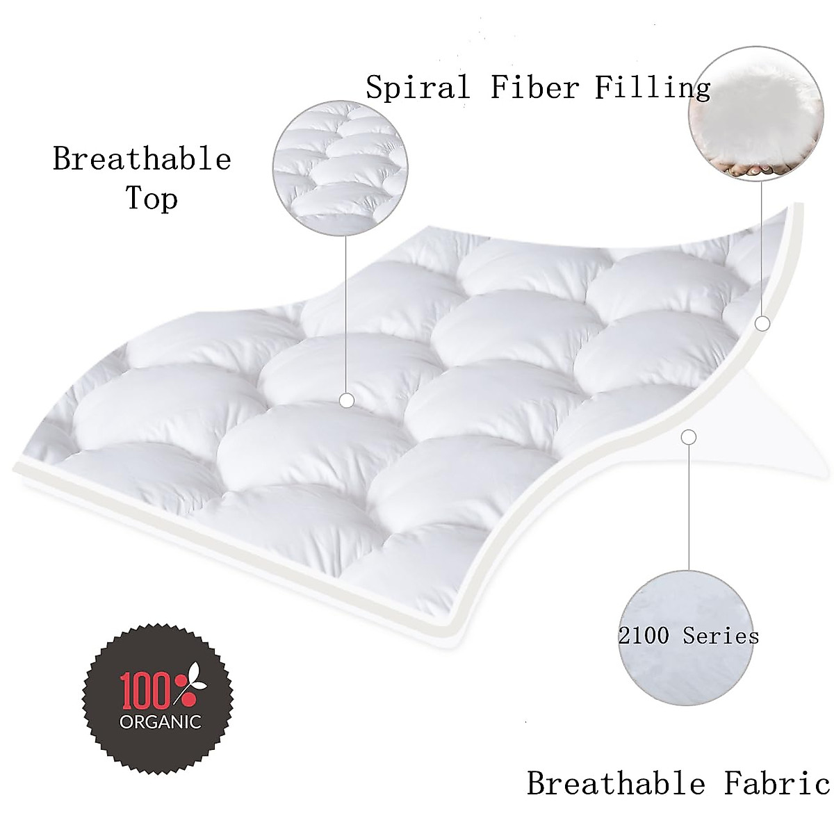 JURLYNE Mattress Pad Queen Size, Quilted Fitted Mattress Cover, Pillow Top with Fluffy Breathable 5D & 7D Spiral Fiber Filling, Cooling Mattress Topper Cover, Protector, White