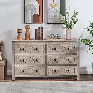 GIAJORYA 6 Drawer Dresser, 54" Wide Wood Chests of Drawers, Double Dresser for Bedroom, Grey Dresser TV Stand Organizers for Entryway, Clothes Dresser, Accessory Storage Cabinet, Light Rustic Oak