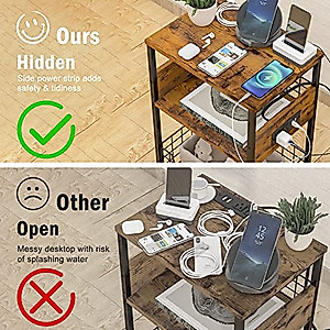 X-cosrack Record Player Stand with Vinyl Record Storage, 3 Tier Side Table with Charging Station & USB Ports, Retro End Table for Living Room Bedroom, Sturdy Wood and Metal Frame, Brown & Black