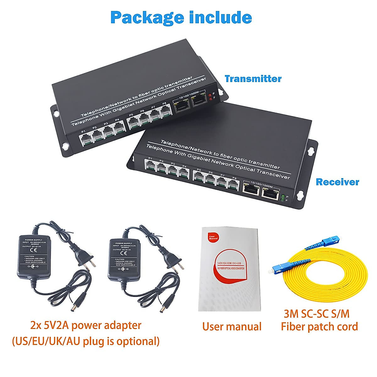 Wekuant 2 Port POTS RJ11 Telephone and 2 Gigabit Ethernet Over Fiber Optic Converter Extender Kit, PCM Voice Over Fiber – Singlemode 20Km, Multimode 500m