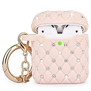 CAGOS for Airpod Case 2nd/1st Generation, Cute Rhinestone Earpods Case Protective Cover Accessories Keychain Compatible with Apple Airpods Gen 2 1st Case Women Girls, Pink