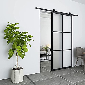 BARNSMITH 42in x 84in Frosted Glass Barn Door with 7FT Top Mounted Hardware kit Soft Close Mechanism DIY 6 Lites Tempered Glass Modern Aluminum Sliding Door Disassembled Easy Installation KDA03