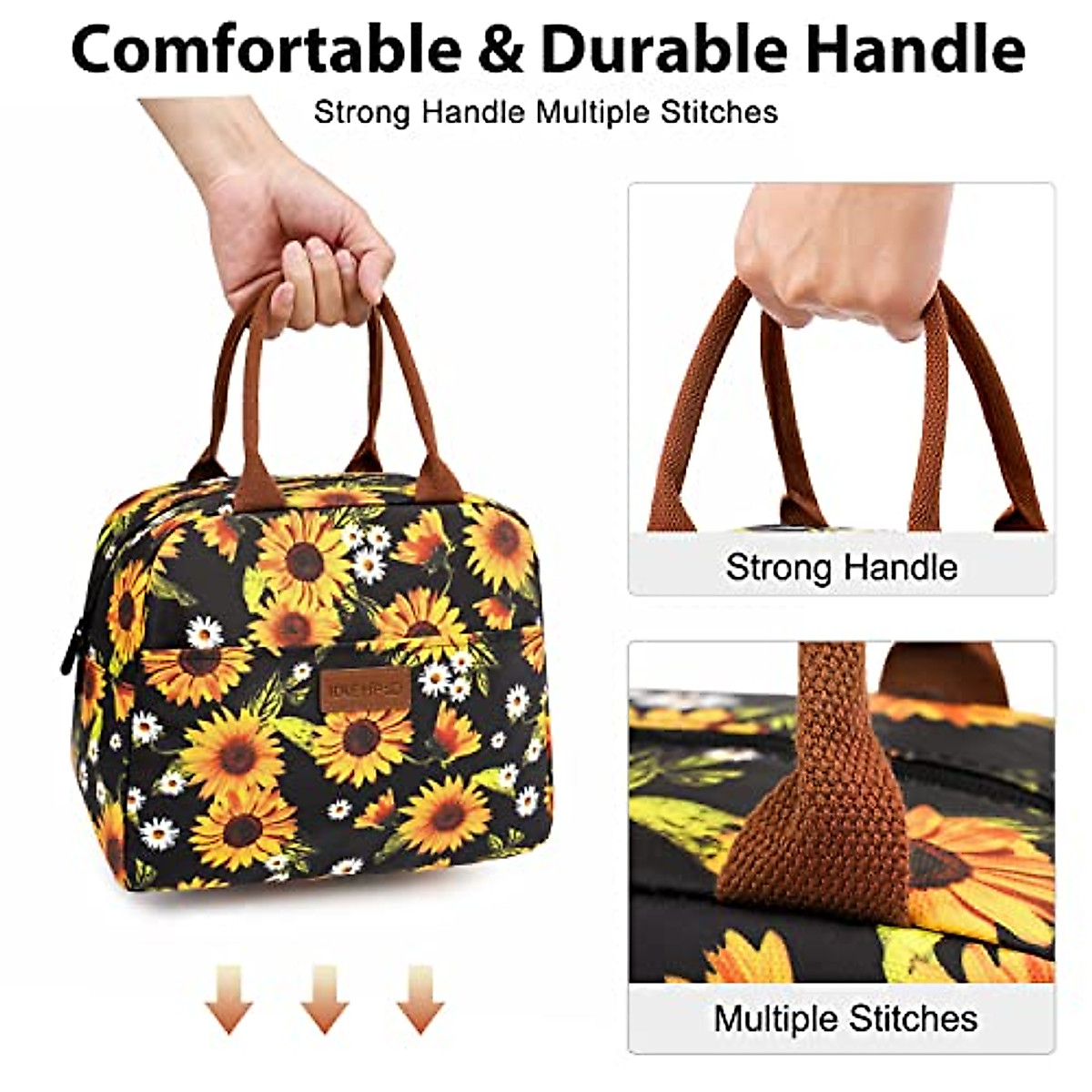 Idle Hippo Lunch Bags for Women Insulated Lunch Box Cooler Tote Bag with Front Pocket Reusable Lunch Bag for Men Adults Girls Work Hiking Picnic - Sunflower