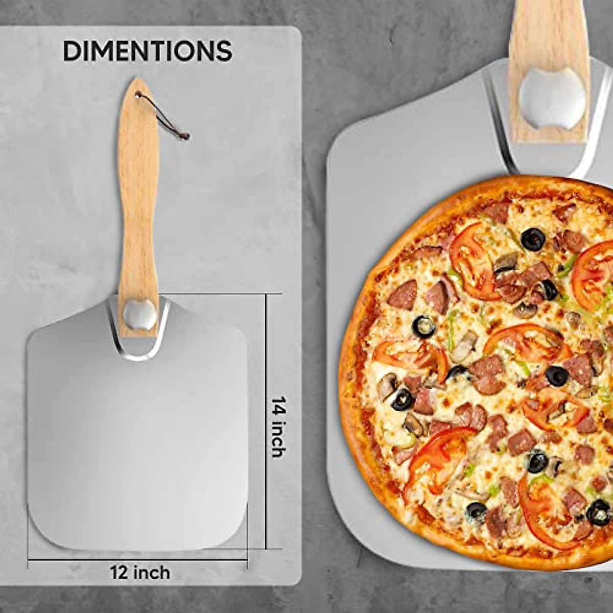 Kitchenware Hero Pizza Peel Aluminum Metal Pizza Paddle With Long Wood Handle,Easy Storage Pizza Shovel For Pizza, Baking, Bread Silver 1214 inch2, 12x14x2