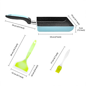 Japanese Tamagoyaki Omelette Egg Pan（blue）, 7" x 6" inch Non-stick Coating Retangle Small Frying Pan, Gas Stove and Induction Hob Compatible, Dishwasher Safe, with Silicone Spatula & Brush（green)