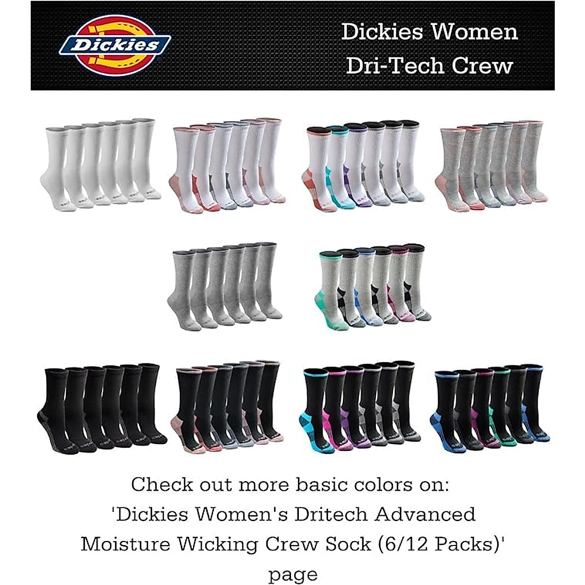 Dickies Women's Dri-Tech Fashion Moisture Control Crew Socks (5/6/12 Pairs) (S-XL), Black Heathered (6 Pairs), Large