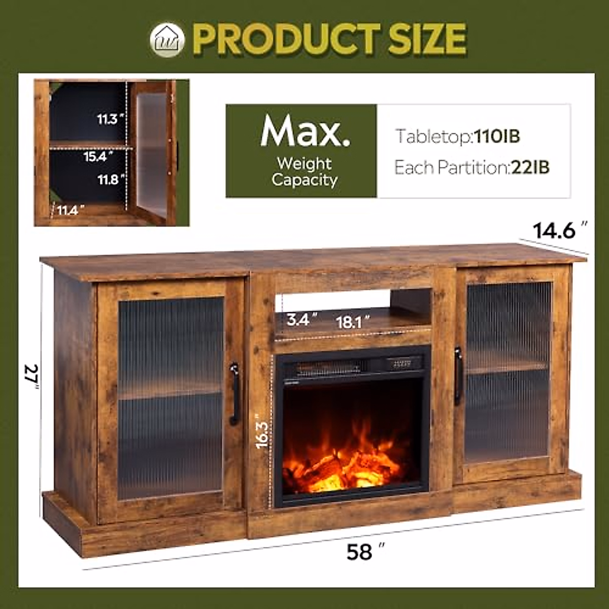 WLIVE Fireplace TV Stand for 65" TV, Entertainment Center with 18 Inch Electric Fireplace, TV Console with Open Shelves for Living Room, Rustic Brown