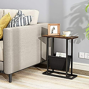 Yusong Small Narrow Side Table and C Shaped Side Table for Small Space, Slim Couch Side Table Skinny Nightstand for Living Room Bedroom, Rustic Brown