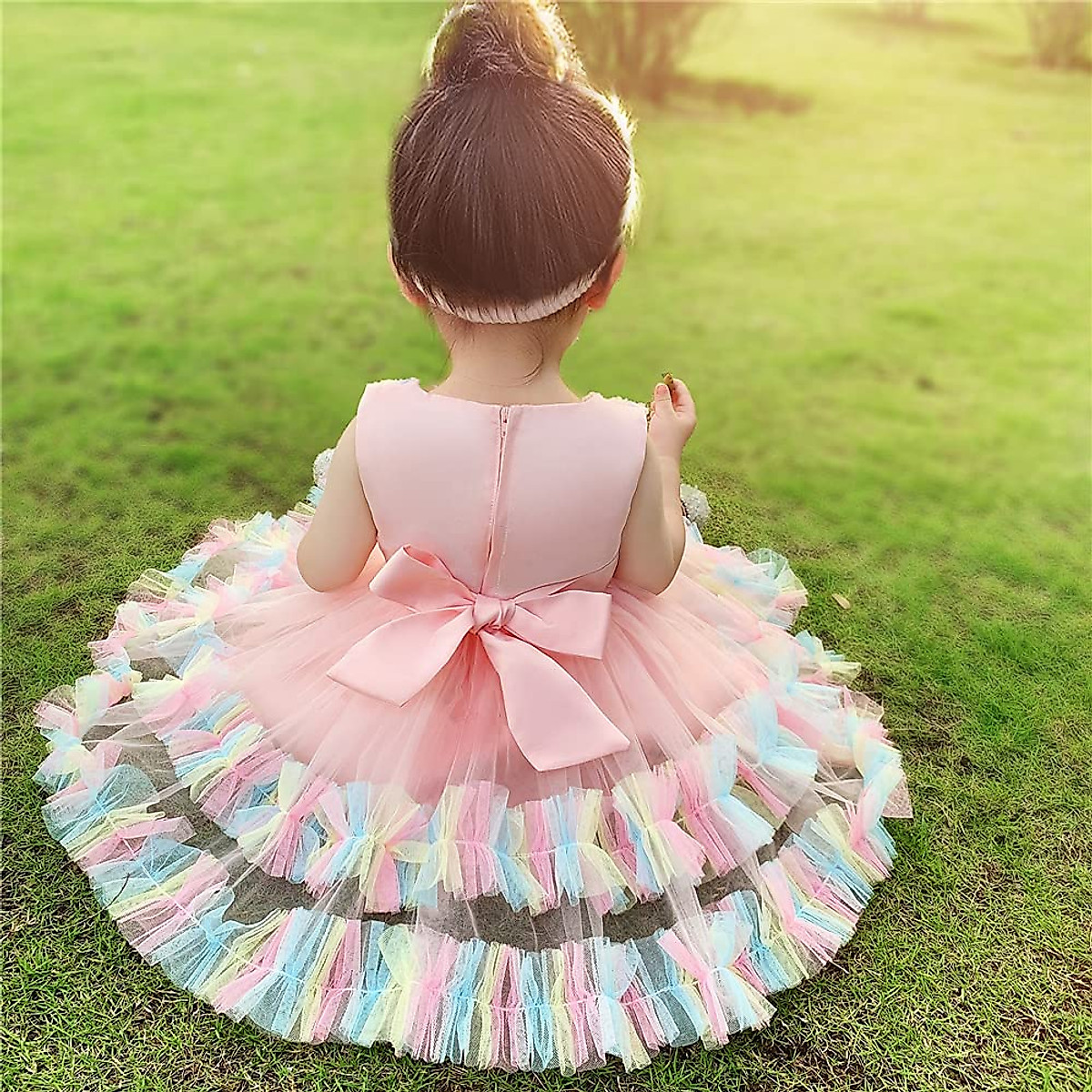 AVAZU 3M-6T 3D Colorful Flower Toddler Baby Girls Wedding Pageant Layered Dresses Wedding Birthday Party Tutu Gown with Headwear Light Pink 110