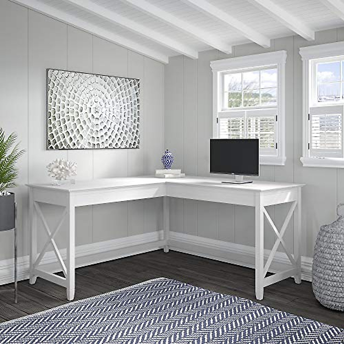 Bush Furniture Key West Modern Farmhouse Writing Desk for Home Office, 60W, Pure White Oak & Key West 2 Drawer Mobile File Cabinet, Pure White Oak