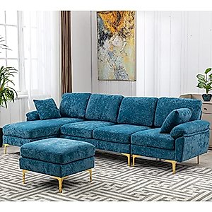 HomSof U-Shape Sectional Sofa, Mid Century Modern Couch with Chaise and Ottoman, Teal Blue Polyester Fabric Sofa Set for Living Room