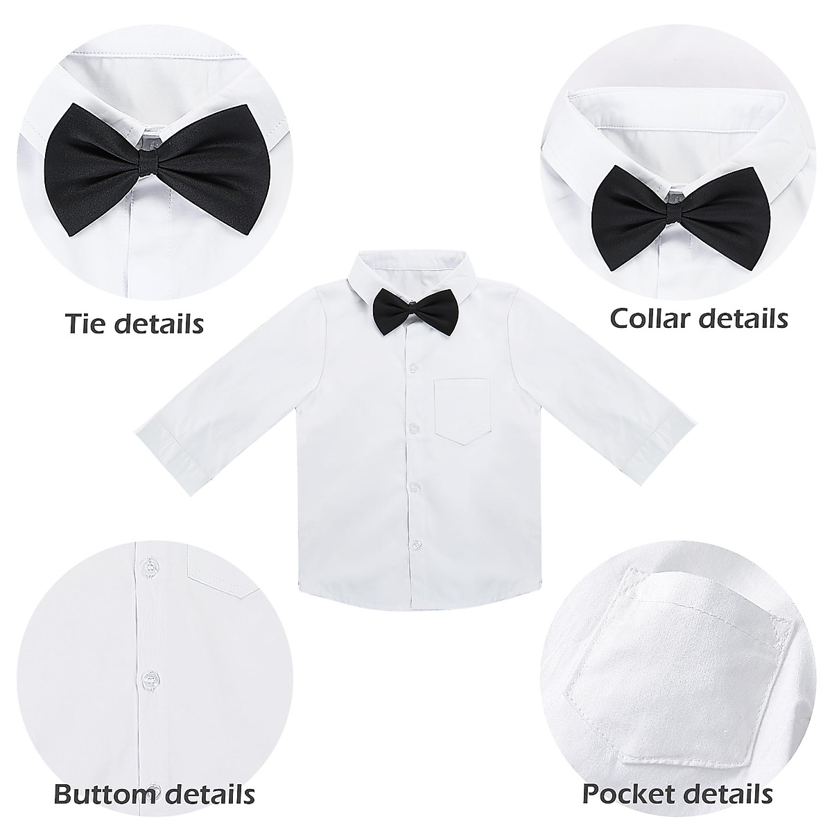 Baby Boy Tuxedo Outfit Dressy Set Toddler Boys Gentleman Outfits, Long Sleeve White Shirt Bowtie Black Pants, Bow Tie and Suspender Formal Suit for Birthday Wedding Party Kids Dress Clothes