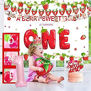 Berry Sweet One Birthday Party Decorations, Fiesec Berry First Strawberry 1st Birthday Party Decorations Backdrop Balloon Garland Monthly Photo High Chair Banner Box Cutout Crown Poster