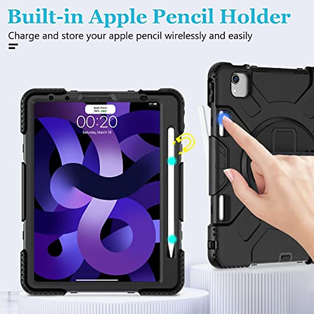 Case for iPad Air 5th/4th Generation: Military Grade Protective Cover iPad Pro 11 Inch Case & iPad Air 5/4 Case 10.9 Inch (2022/2020) W/Pencil Holder- Stand- Handle- Shoulder Strap- Black