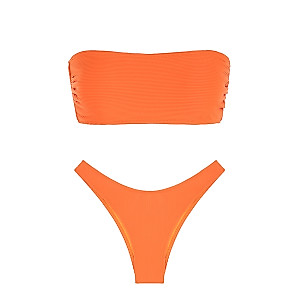 ZAFUL Women Strapless Textured Bandeau Bikini 2 Piece Swimwear Cheeky Solid Lace up Bathing Suits(0-Orange,M)