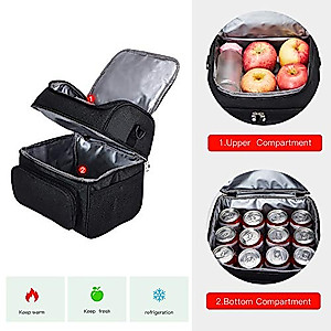 Dual Compartment lunch bag with Shoulder Strap Leakproof Insulated Cooler Bag Tote with Lunchbox Belt for Men Women Adults Work (Black)