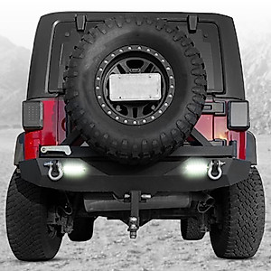 HECASA Rear Bumper Compatible with 2007-2018 Jeep Wrangler JK w/Lockable Tire Carrier w/2" Receiver w/18W High Powered LED Floodlights Steel Textured Black 2 Packages
