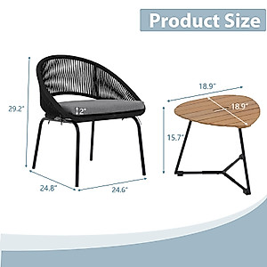 wOod-it 3 Pieces Woven Rope Bistro Set, Patio Outdoor Furniture Conversation Sets with Chairs, Coffee Table and Cushions for Porch, Poolside, Balcony, Garden, Backyard (Black)
