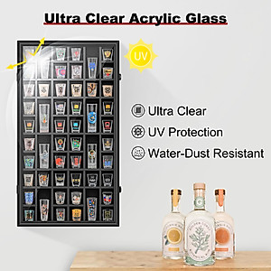 Shot Glass Display Case, 52 Slots Shot Glass Holder Lockable Wall Mounted Shadow Box with UV Protection Acrylic Glass Shot Glass Door Storage Case for Multiple Shot Glasses