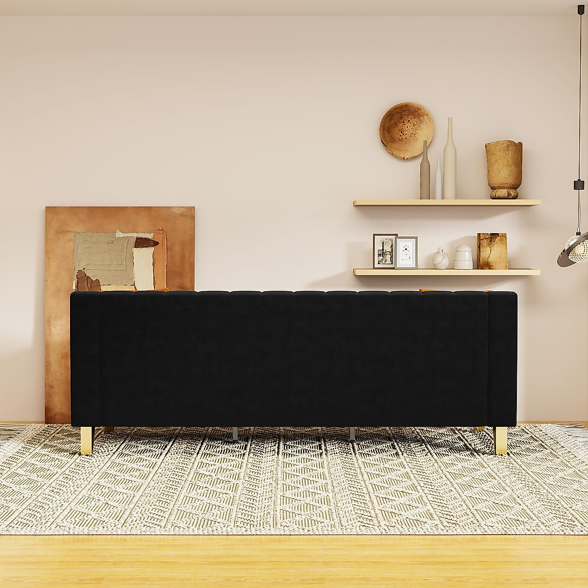 STORFENBOR 83'' Velvet Sofa, Chesterfield Velvet Upholstered Mid-Century Modern Loveseat, Ring Anti-Crash Design Armchair Feet, 3 Seat Living Room Apartment Large Comfort Sofa (Beige)