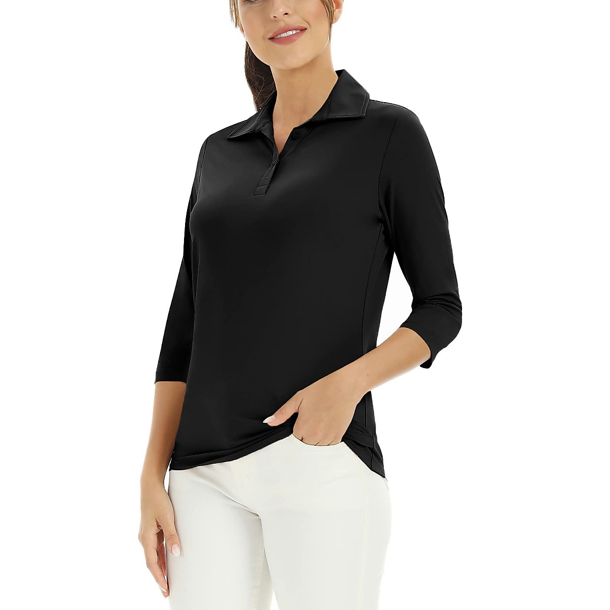 MOHEEN Women's Polo Shirt Quick Dry Performance Moisture Wicking 3/4 Sleeve Golf Polo Shirts for Women Athletic Casual Work (12222 Black,L)