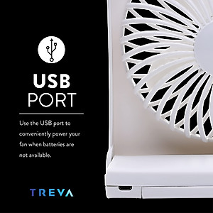 Treva 5-Inch USB and Battery Powered Desk Fan With Two Cooling Speeds and Adjustable Tilt, Small USB Fan Cubicle Accessories Durable and Long Lasting (White)