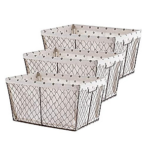 Motifeur Metal Farmhouse Storage Baskets With Removable Liner (Set of 3, White with Floral Pattern) (Small-3 Pack)